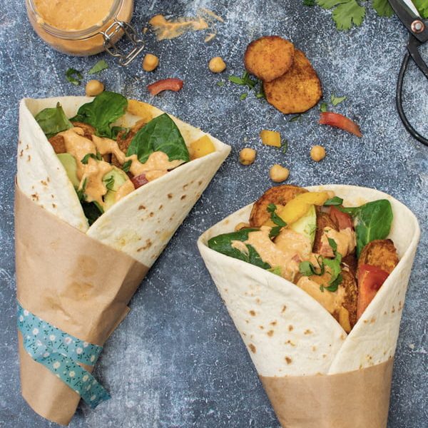 Sweet Potato Wraps with Tahini Harissa Dressing